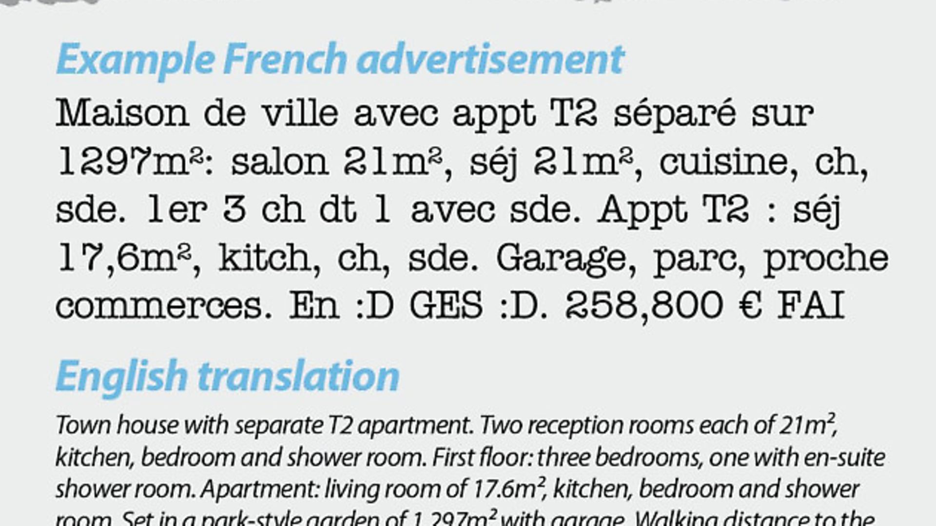 Understanding a French property advertisement - Complete France